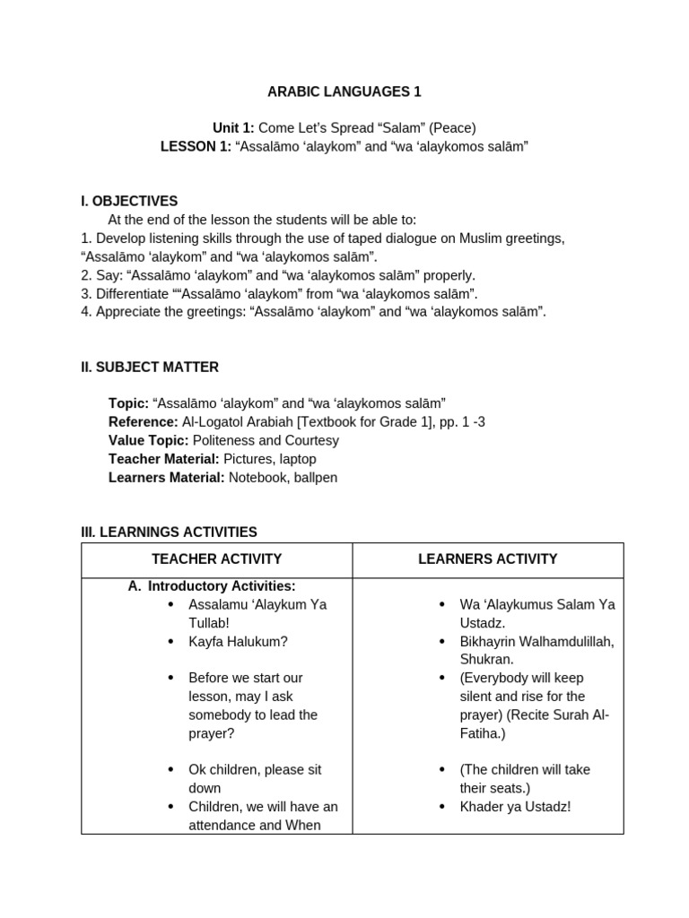 Detailed Lesson Plan, Arabic Languages | PDF