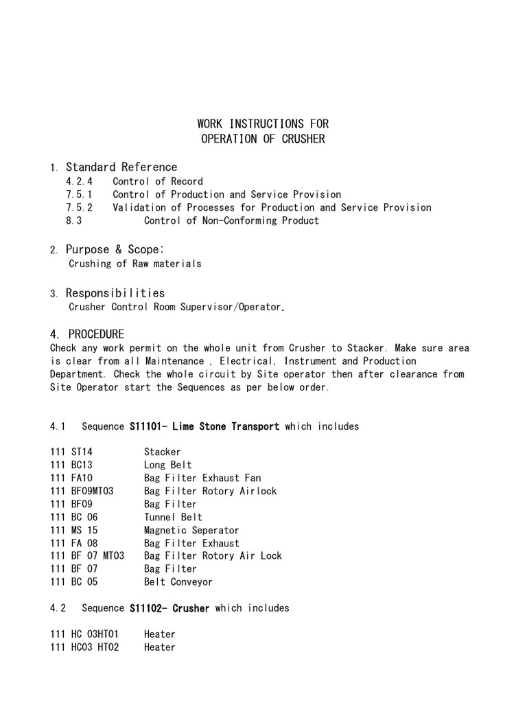 Crusher Operation Work Instructions | PDF