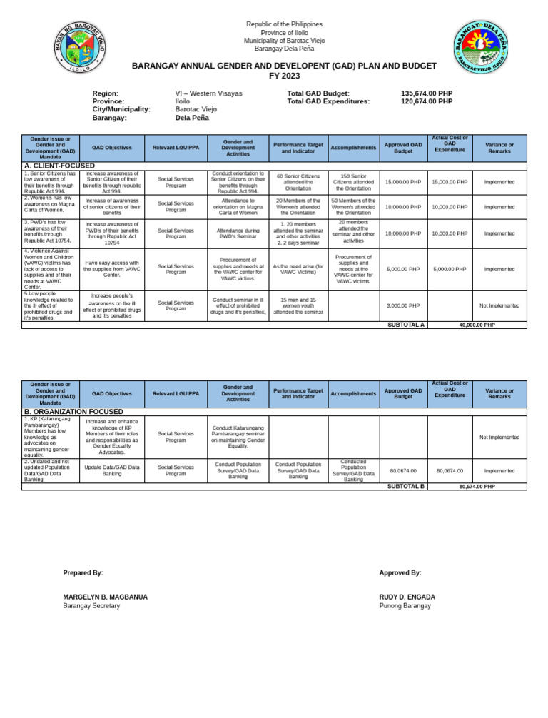Iloilo Barangay GAD Plan & Budget 2023 | PDF | Human Rights | Gender