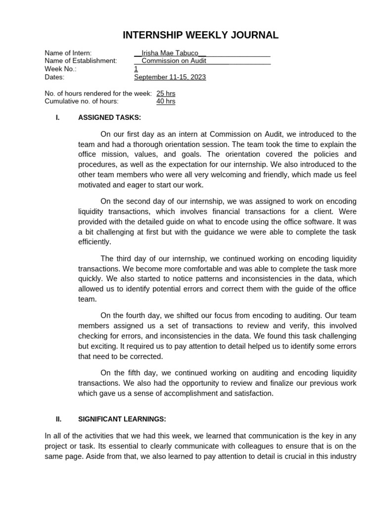 Internship Weekly Journal | PDF | Cognition | Business