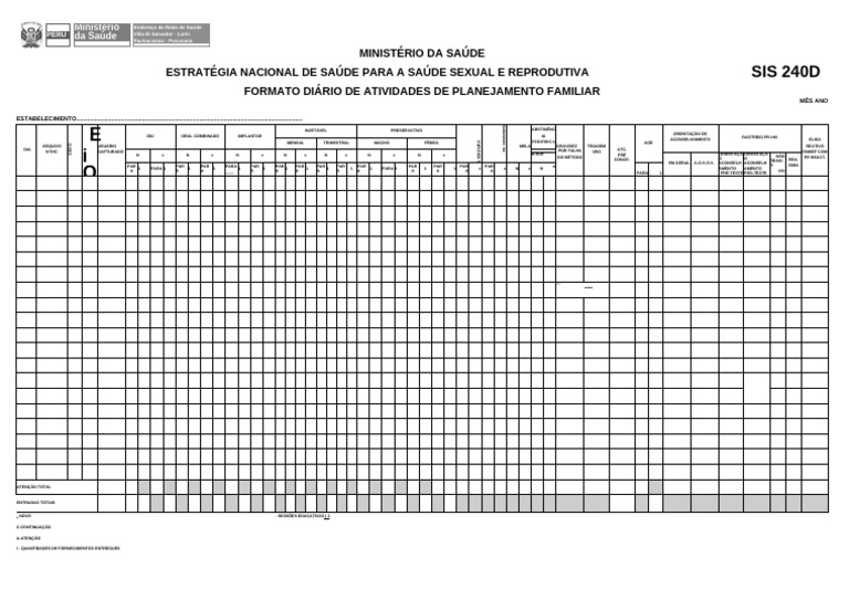 Formato Sis 240 Diário de Atividades de Planejamento Familiar. Mg ...
