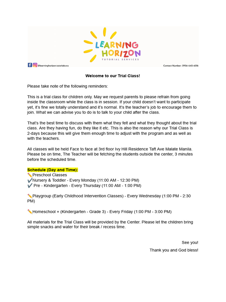 Trial Class - Welcome Letter | PDF