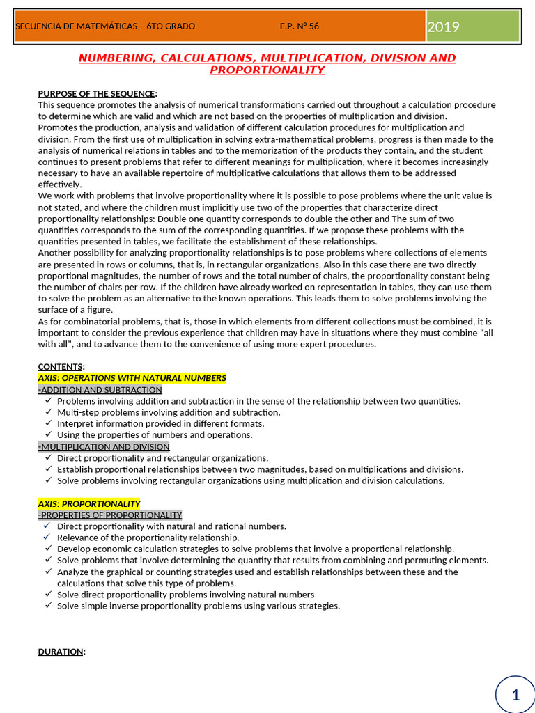 Didactic Sequence On Numbering, Calculation, Multiplication, Division ...