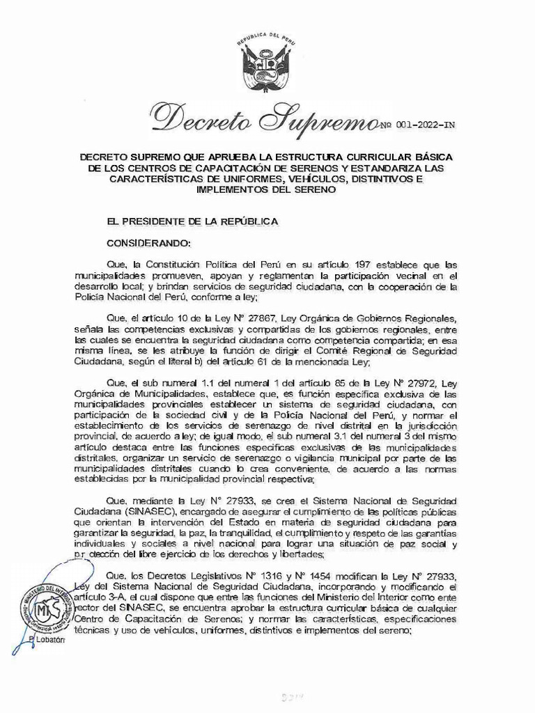 Decreto Supremo #001-2022-In-Aplicacion Obligatoria Municipalidades | PDF | Ministerio ...
