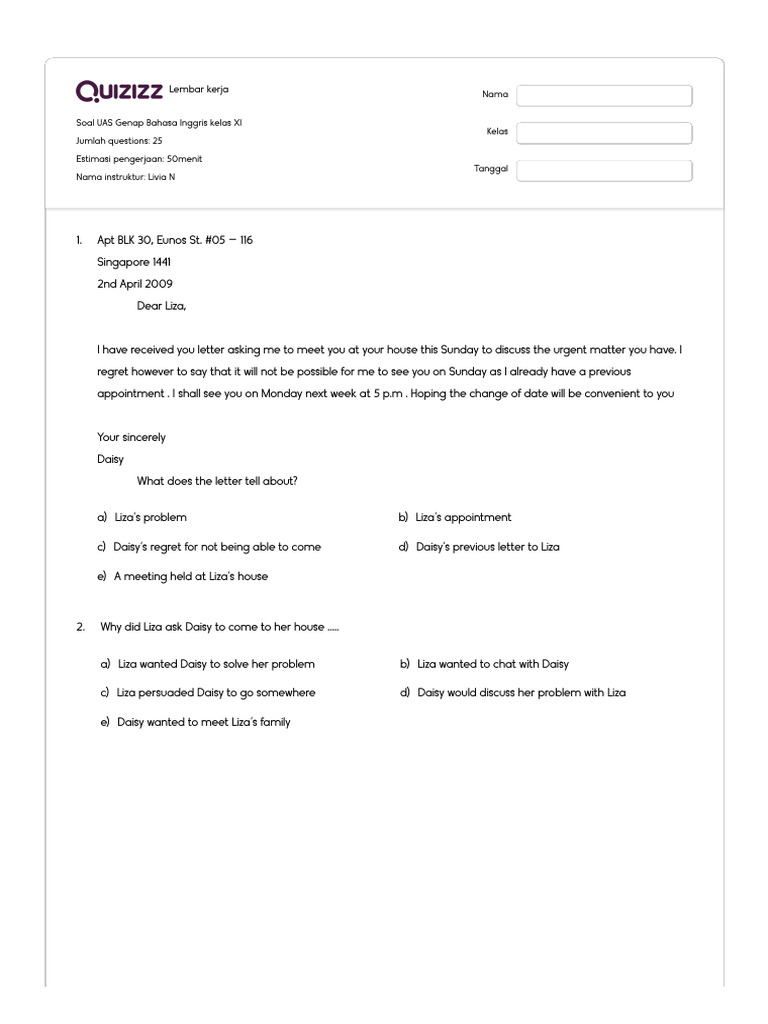 Soal UAS Genap Bahasa Inggris kelas XI _ Quizizz | PDF | Telephone | Cellular Network