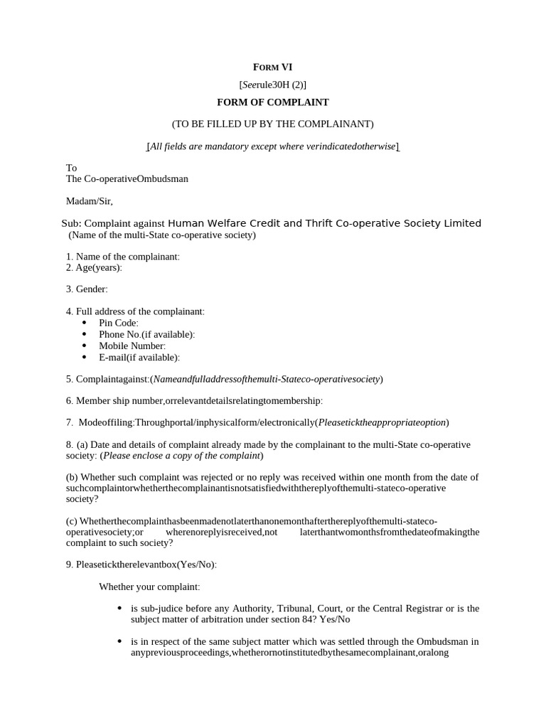 Dissent Form - Human Welfare Society | PDF