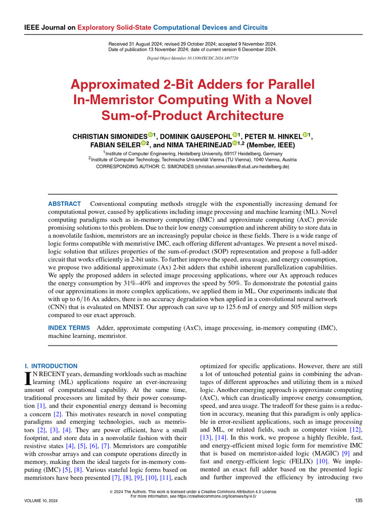 Approximated 2-Bit Adders For Parallel In-Memristor Computing With A Novel Sum-of-Product ...