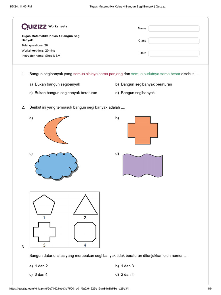 Tugas Matematika Kelas 4: Segi Banyak | PDF