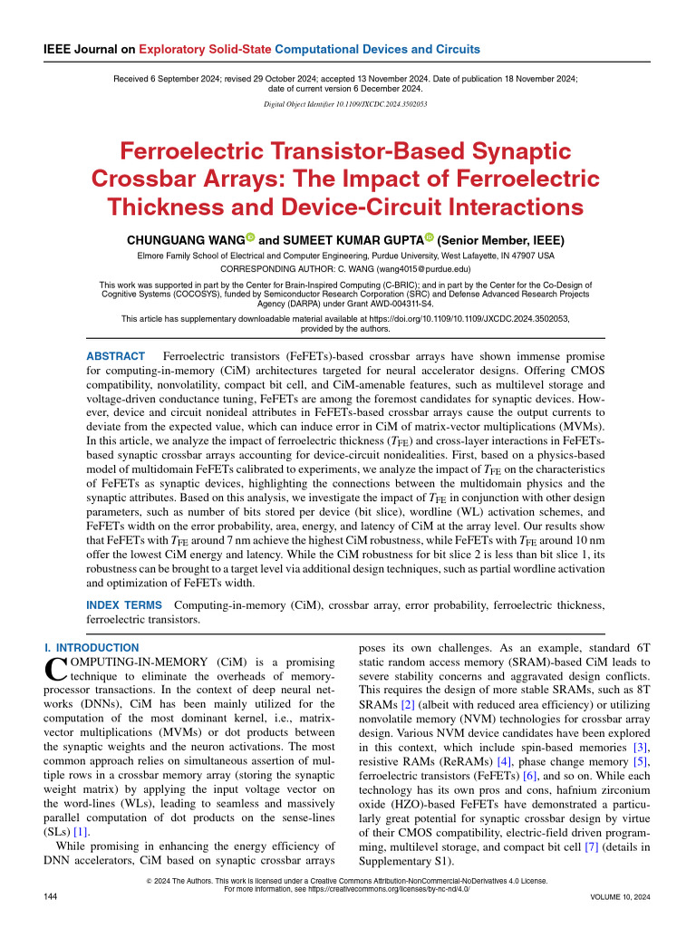 Ferroelectric Transistor-Based Synaptic Crossbar Arrays The Impact of ...