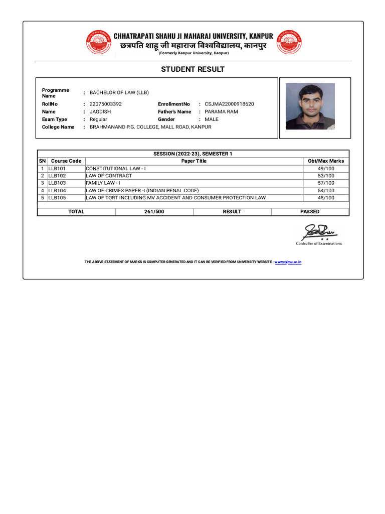 LLB Semester 1 Results: Jagdish | PDF