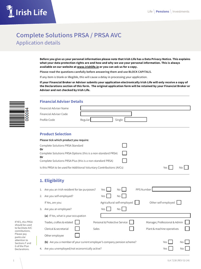Complete Solutions PRSA Application Form | PDF | Pension | Retirement
