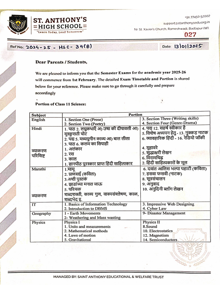 Class 11 Science Semester Exam Timetable & Portion | PDF