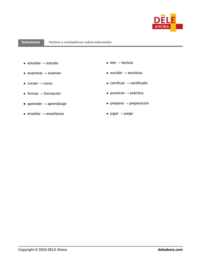 Verbos y Sustantivos Sobre Educacion - Soluciones | PDF