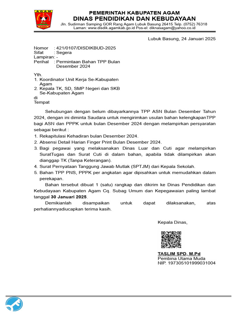 Permintaan Bahan TPP Bulan Desember 2024 | PDF