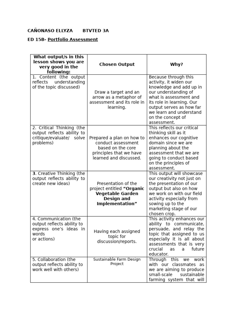 PORTFOLIO ASSESSMENT | PDF | Creativity | Critical Thinking