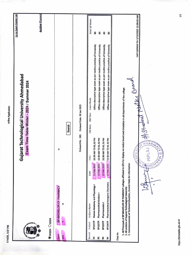 GTU Exam Schedule-Sem-1 | PDF | Health Care | Pharmacy