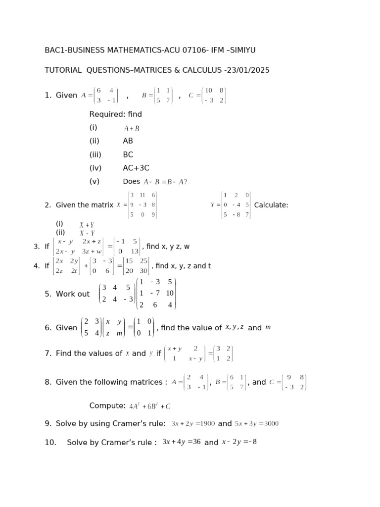 Tutotrial Matrix and Calculus | PDF | Profit (Economics) | Financial Accounting