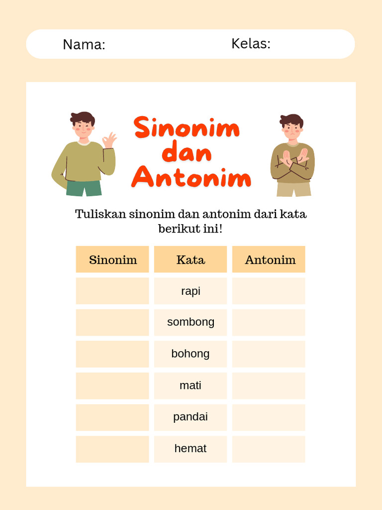 Kuning Muda Sederhana Sinonim Dan Antonim Lembar Kerja | PDF