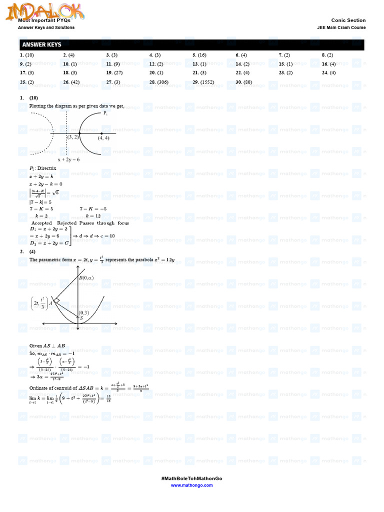 JEE Main Conic Section Answer Keys | PDF | Euclidean Geometry | Analytic Geometry