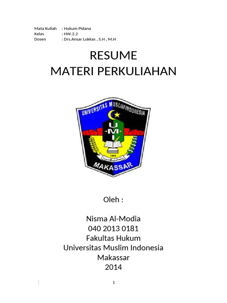 Resume Materi Perkuliahan Pidana Semeste | PDF
