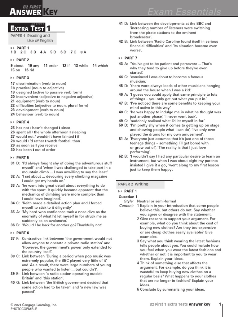 B2 First Exam Extra Tests Answer Key | PDF | Verb | Adjective
