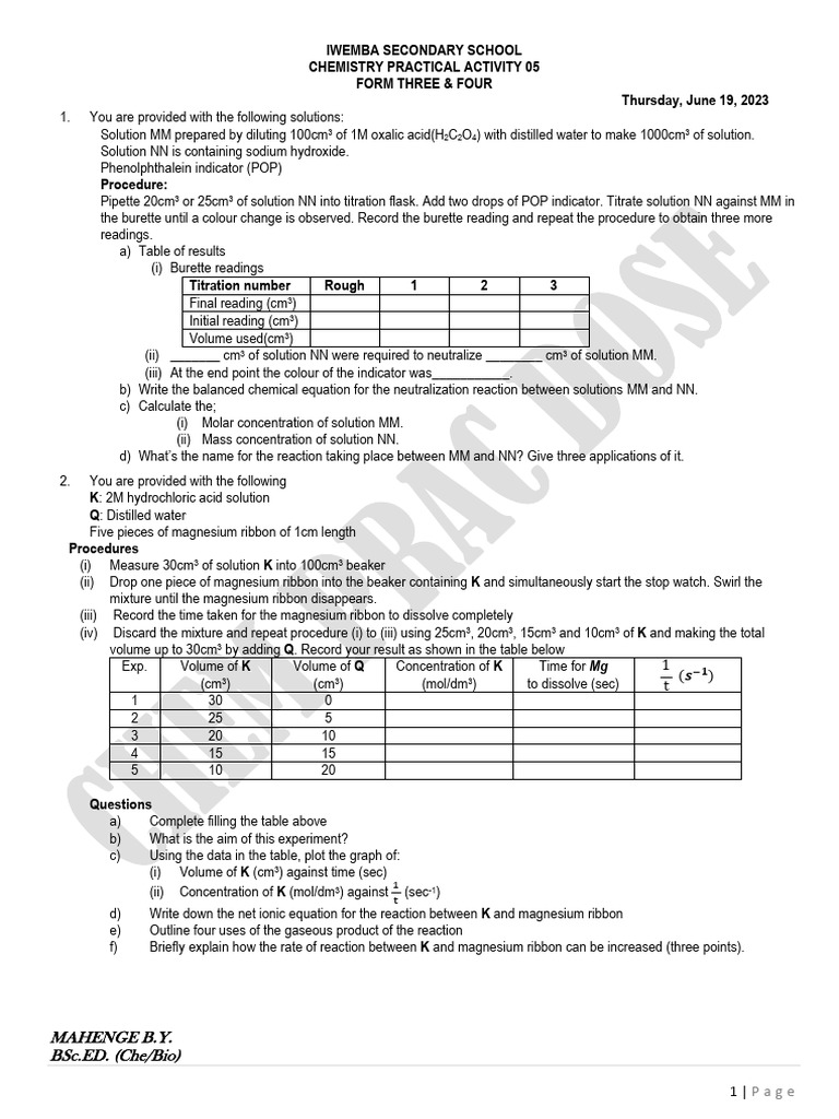 Prac Activity 05 - Vol & Rate Conc - MG | PDF | Titration | Chemistry