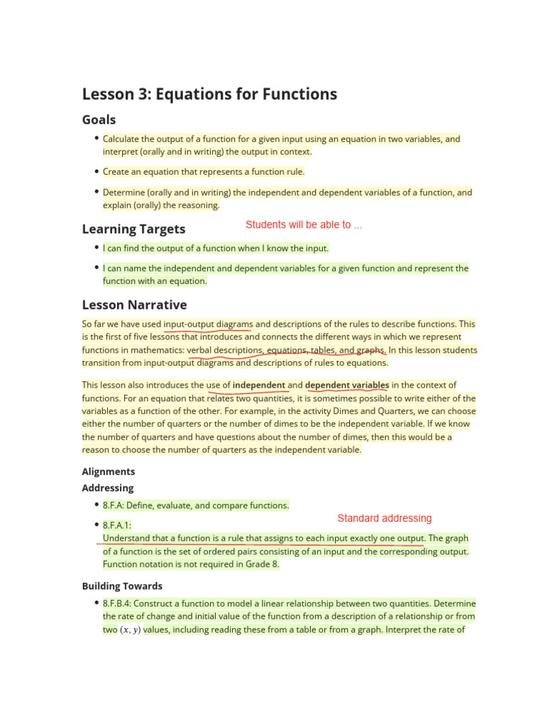 Grade 8 Unit 5 Lesson 3 | PDF | Function (Mathematics) | Variable (Mathematics)