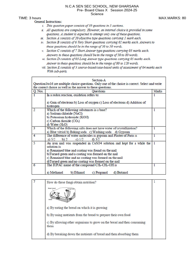 Class X Science Pre-Board Exam 2024-25 | PDF