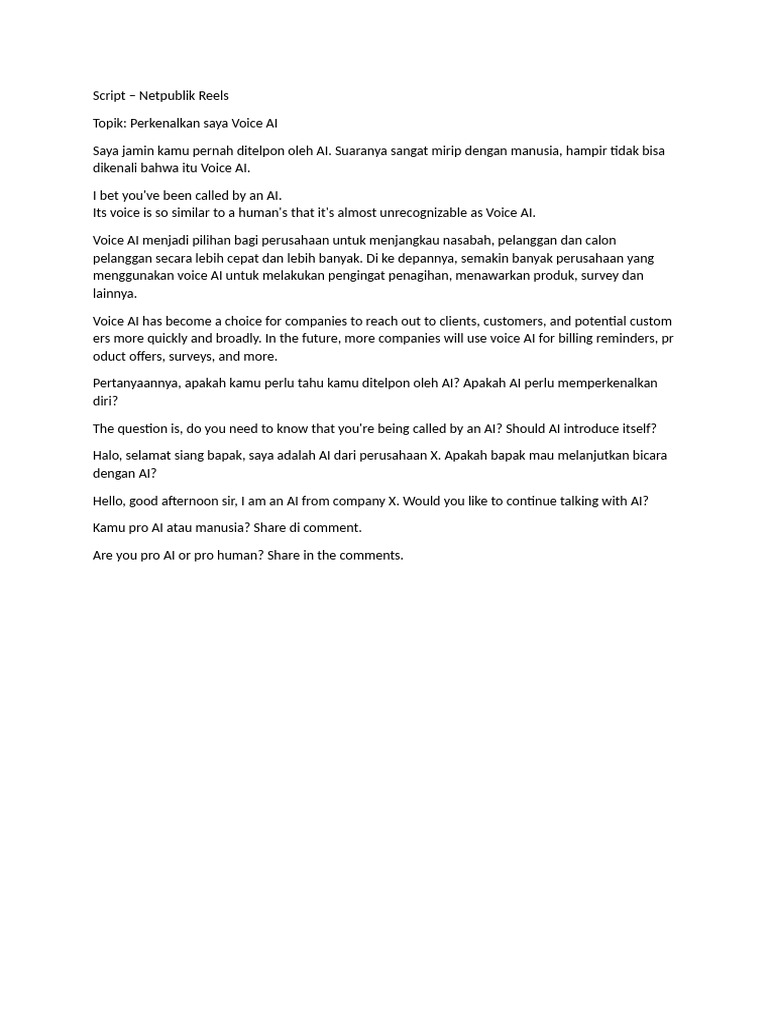 Script - Netpublik Reels - Perkenalkan Saya AI - With English | PDF