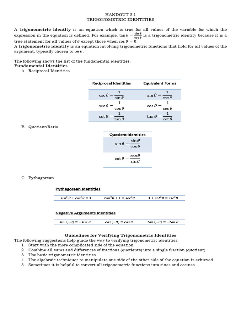 Handout-2.1-BASIC-TRIGONOMETRIC-IDENTITIES (5) | PDF | Trigonometric Functions | Trigonometry