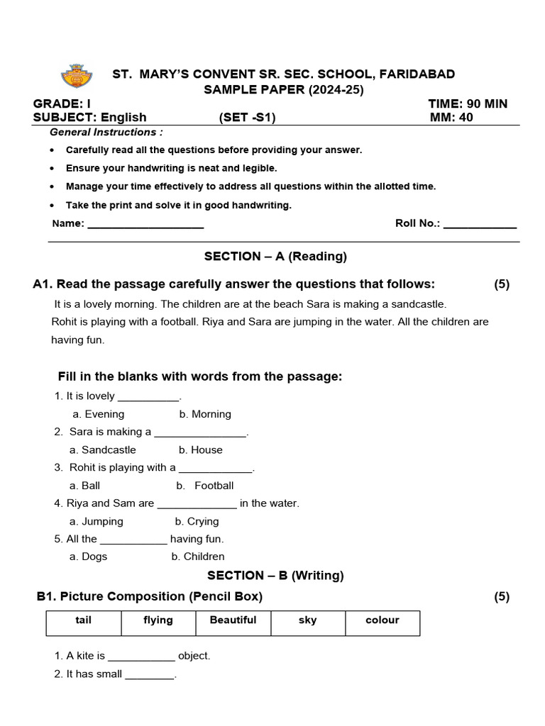 Grade I English Sample Paper 2024-25 | PDF