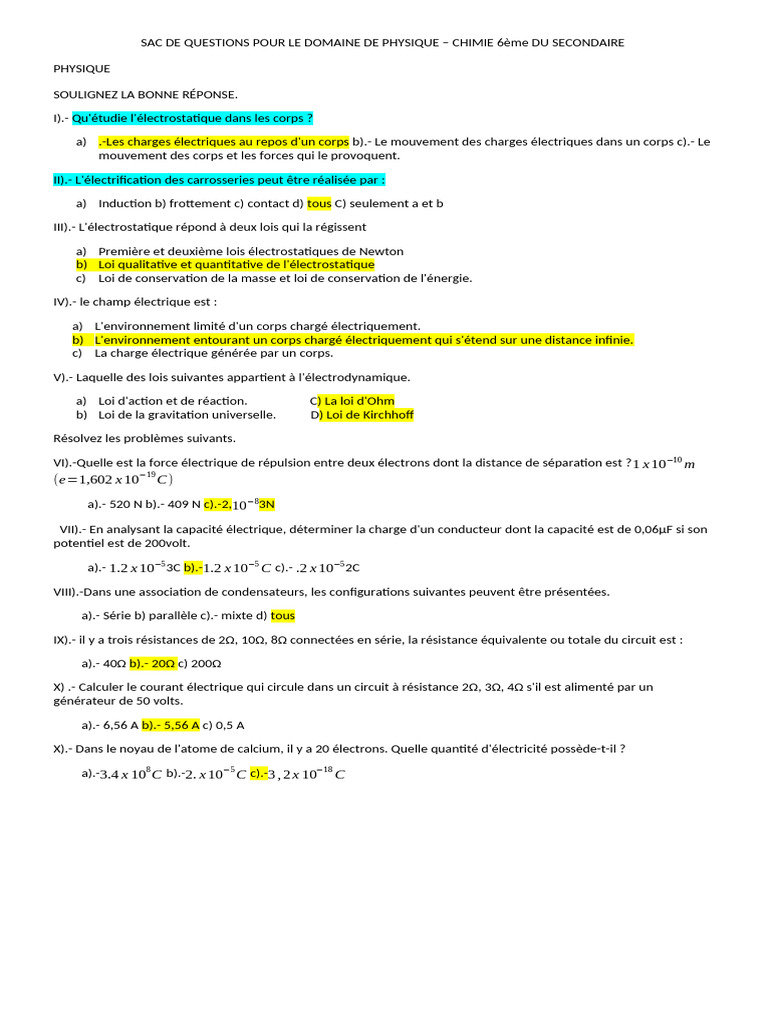 Baco de Questions Pour La 6e Année de L'école Secondaire Physique ...