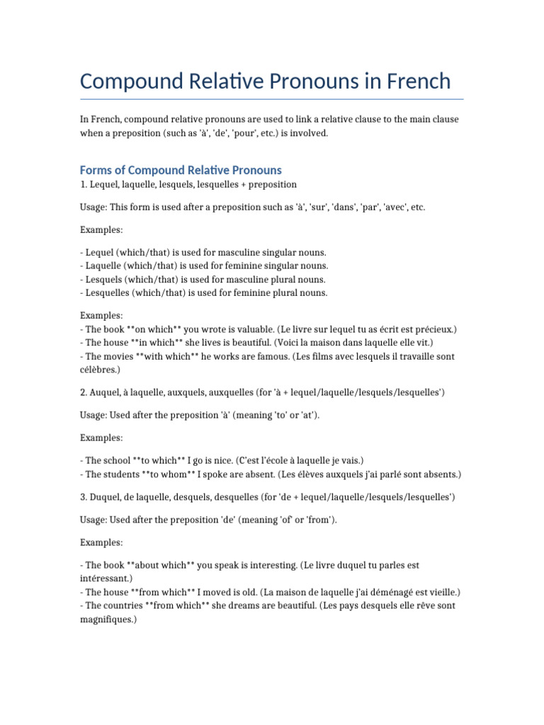 Compound Relative Pronouns French | PDF | Grammatical Gender | Plural