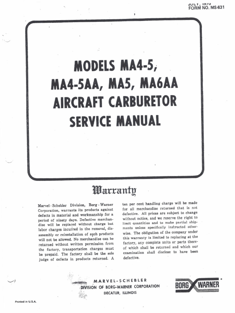 Marvel-Schebler Carburetor Service Manual MA4-5AA, MA5, MA6AA | PDF