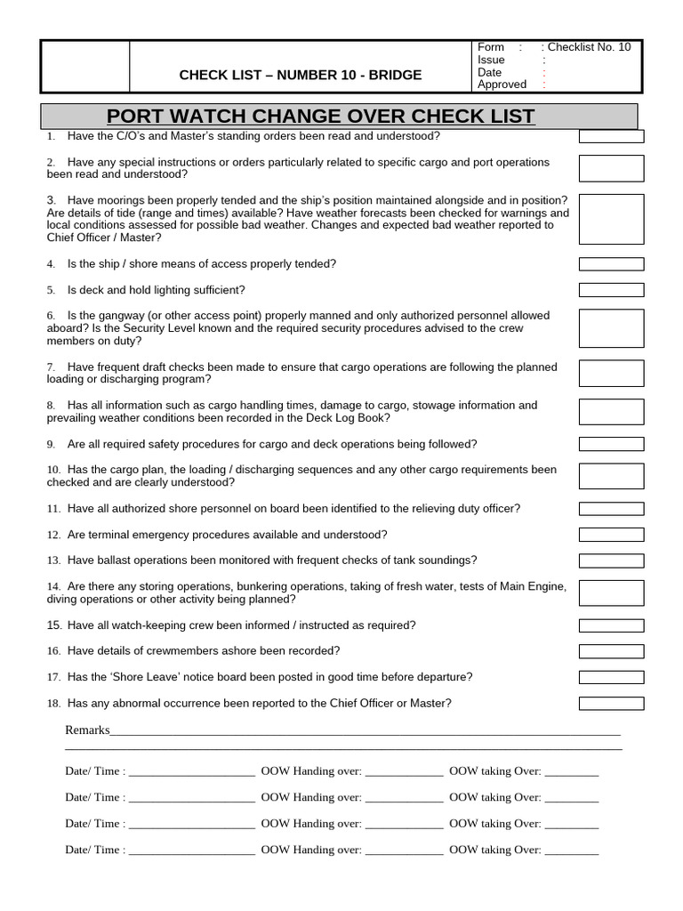 Bridge Port Watch Changeover Checklist | PDF | Watercraft | Ships