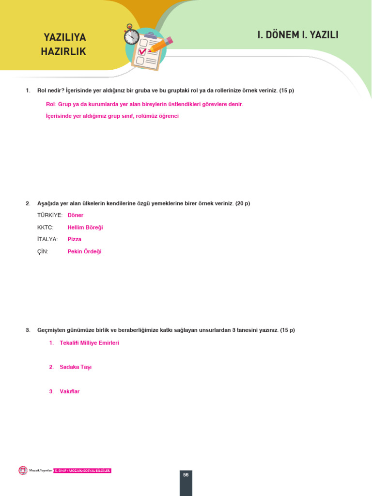 5.SINIF SOSYAL BÄ°LGÄ°LER 1.DÃ NEM 1.YAZILI Ã Ã ZÃ MLER | PDF