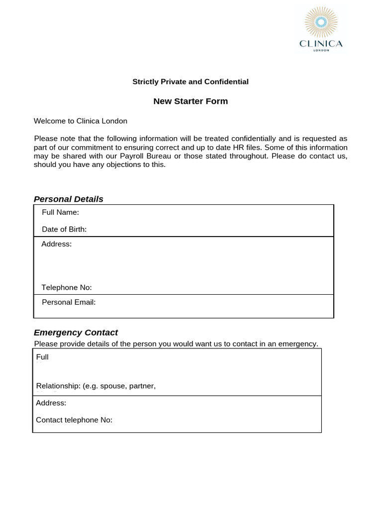 Clinica New Starter Form Naimah Tikly | PDF | Employment | Pension
