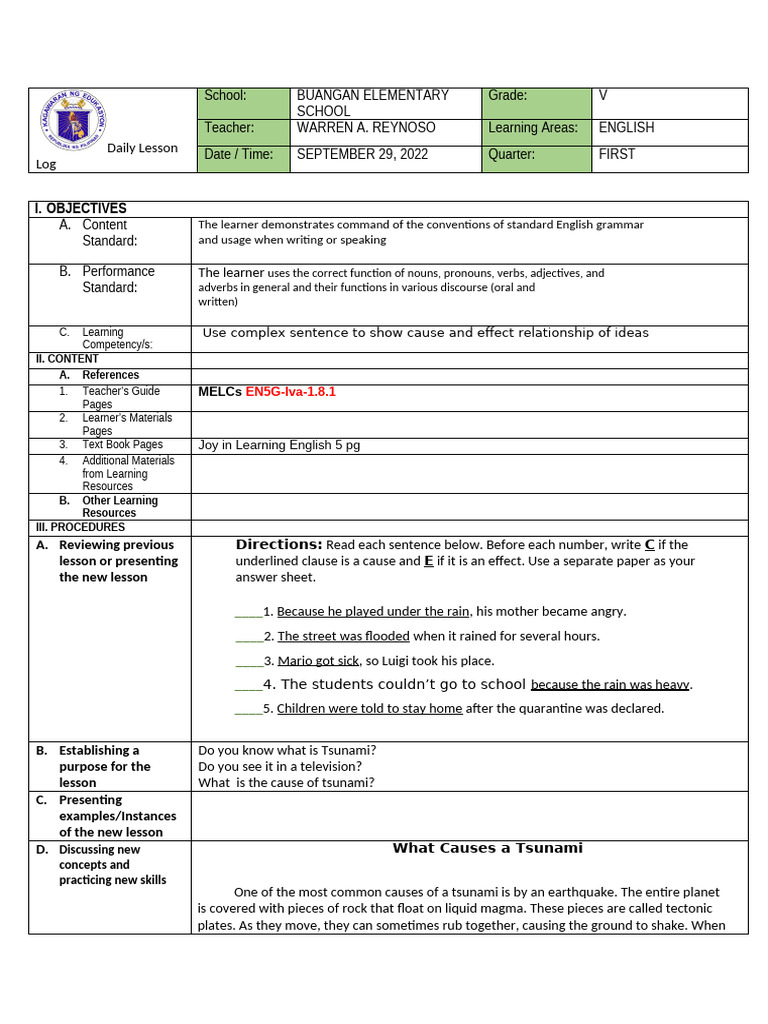 Grade V English Lesson on Cause and Effect | PDF | Tsunami | English ...