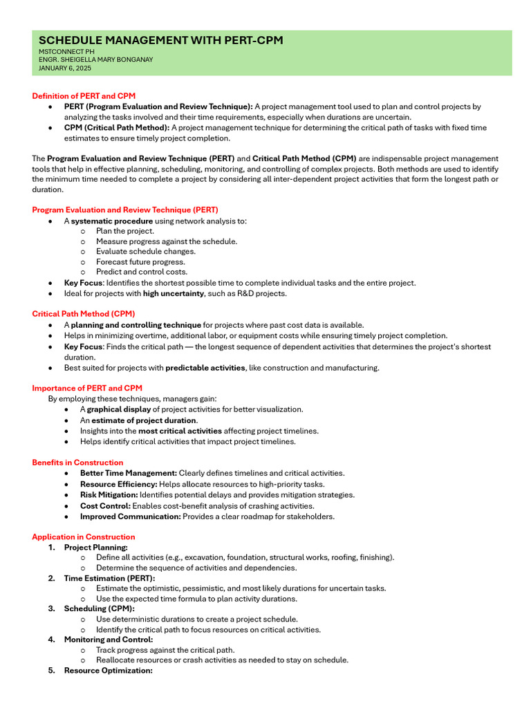 Schedule Management With PERT & CPM | PDF | Project Management