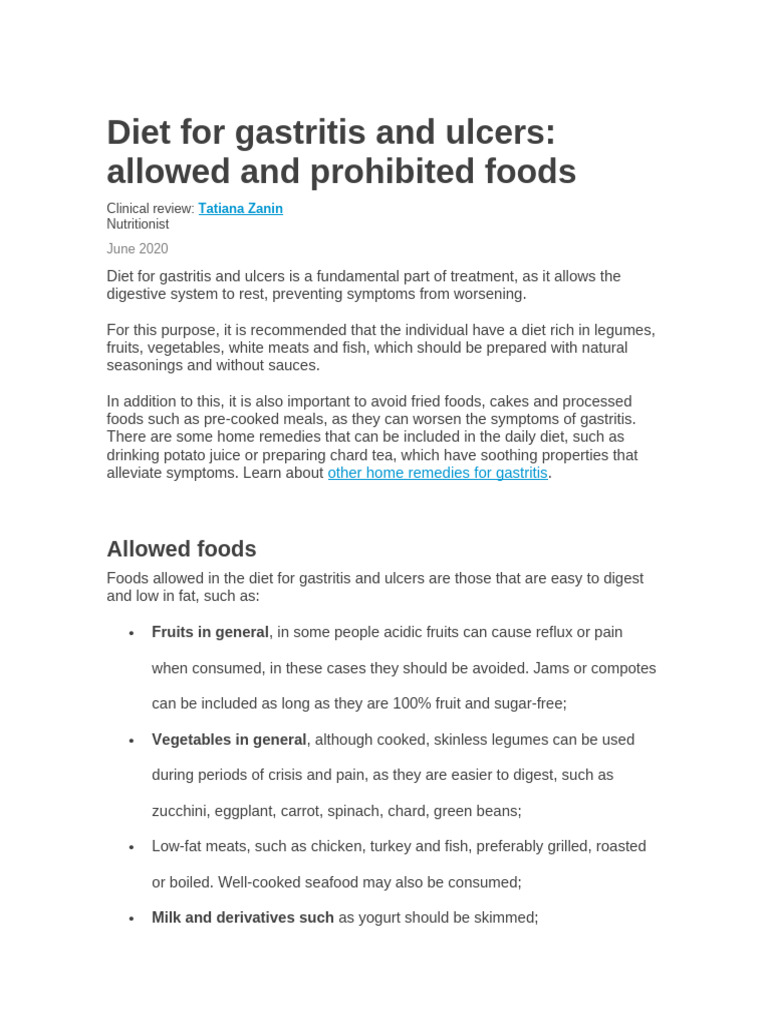 Gastritis and Ulcer Diet Guide | PDF | Foods | Vegetables