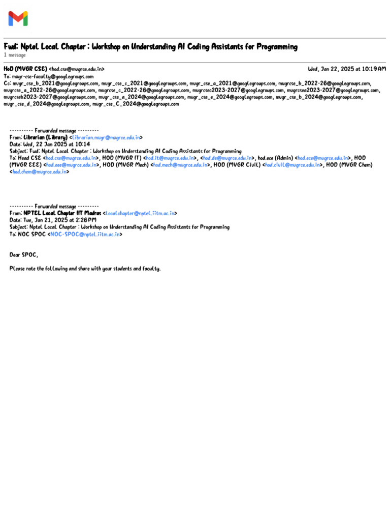 Gmail - Fwd_ Nptel Local Chapter _ Workshop on Understanding AI Coding Assistants for ...