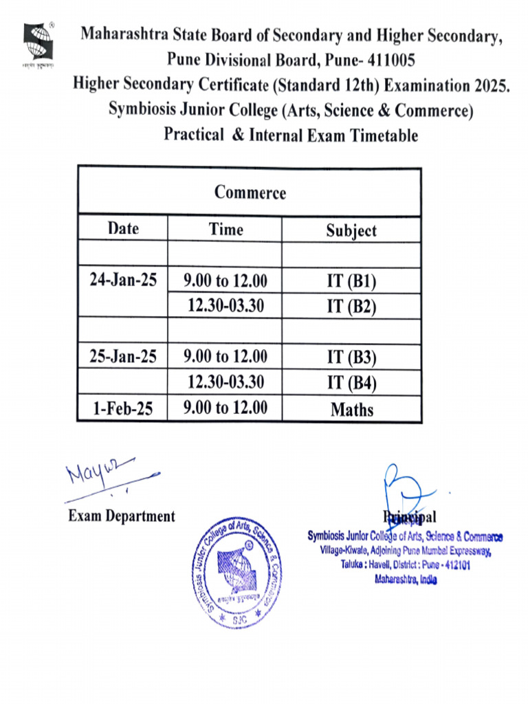12th Commerce HSC Board Final Practical Exam Timetable | PDF