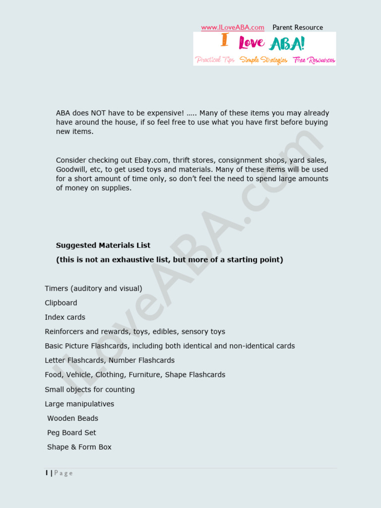 Sample ABA Therapy Materials List | PDF