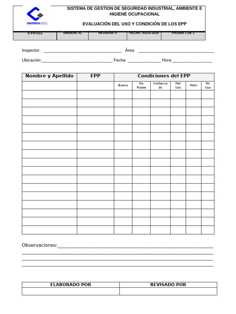 S-FR-031 Evaluación del Uso y Condición de los EPP | PDF
