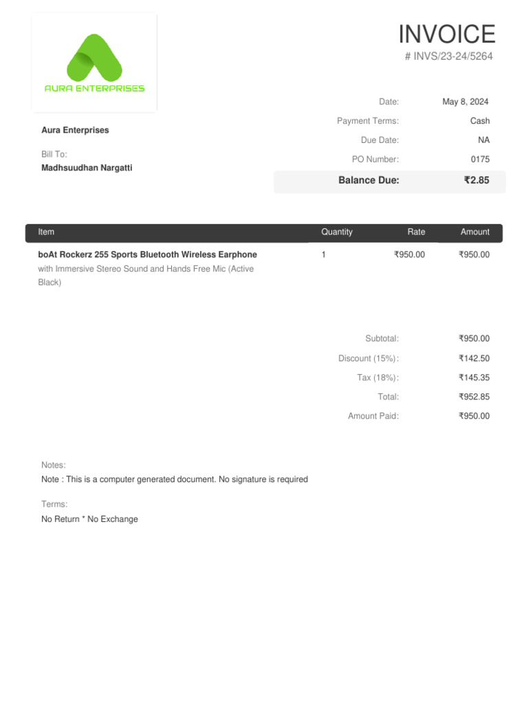 Invoice for boAt Rockerz 255 Purchase | PDF