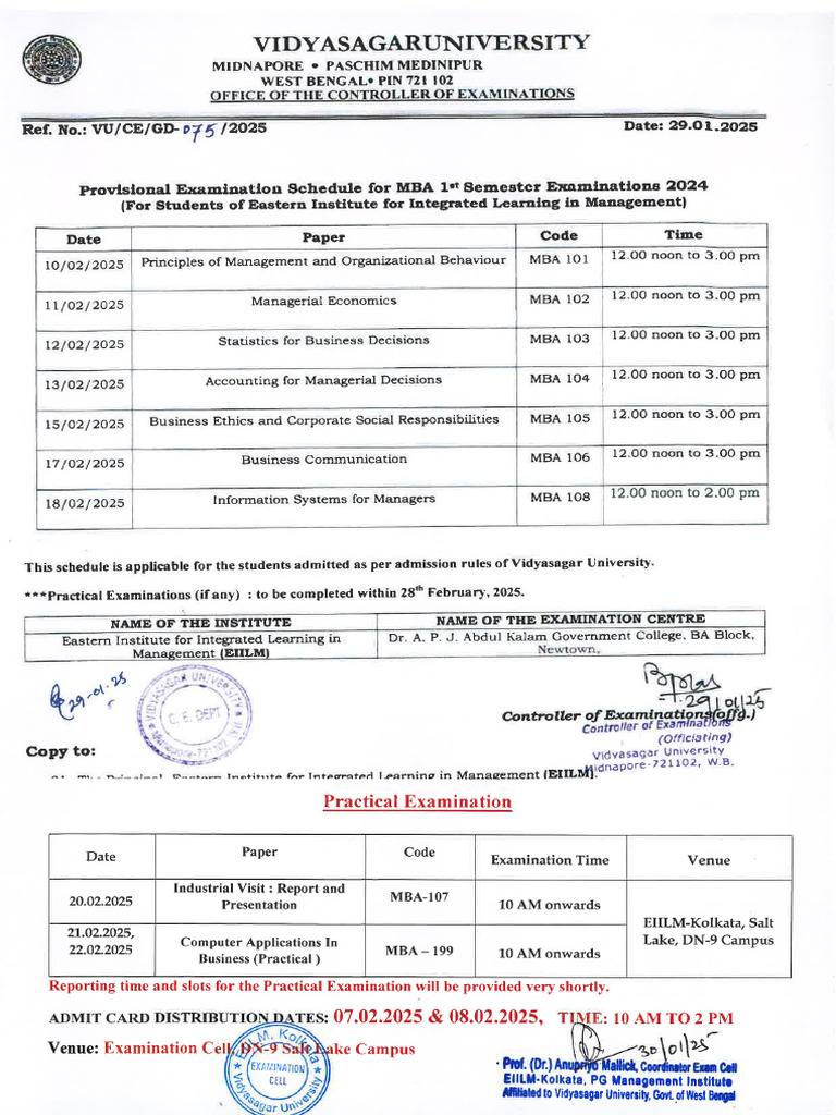 Mba 1st Semester Examination Schedule 2024 | PDF