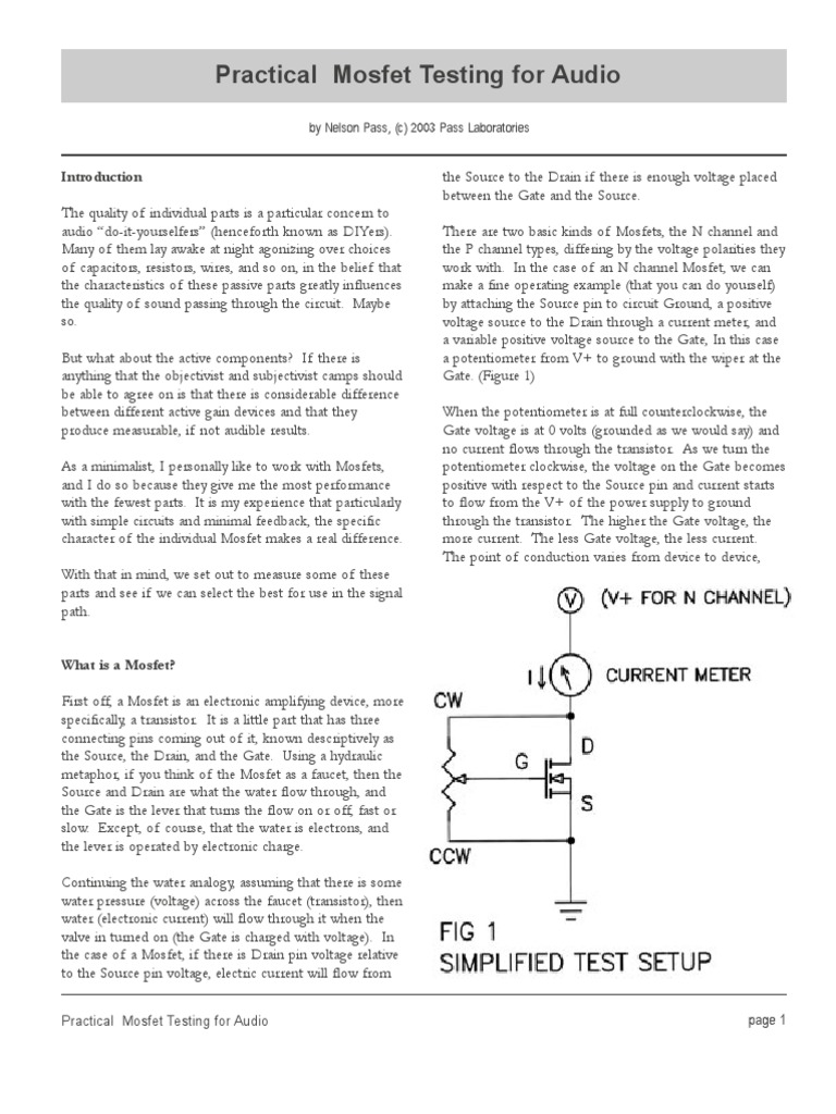 Practical Mosfet Testing For Audio: by Nelson Pass, (C) 2003 Pass ...