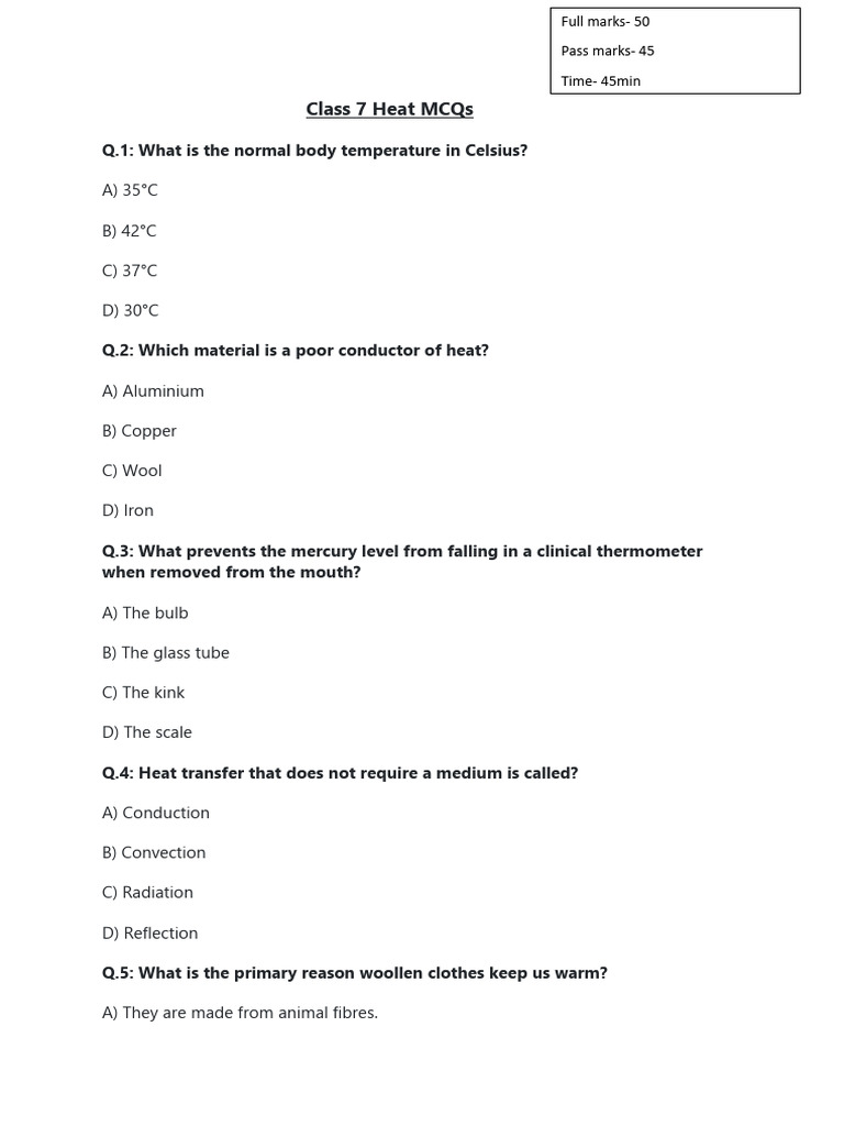 Class 7 Heat MCQs | PDF | Heat Transfer | Thermometer