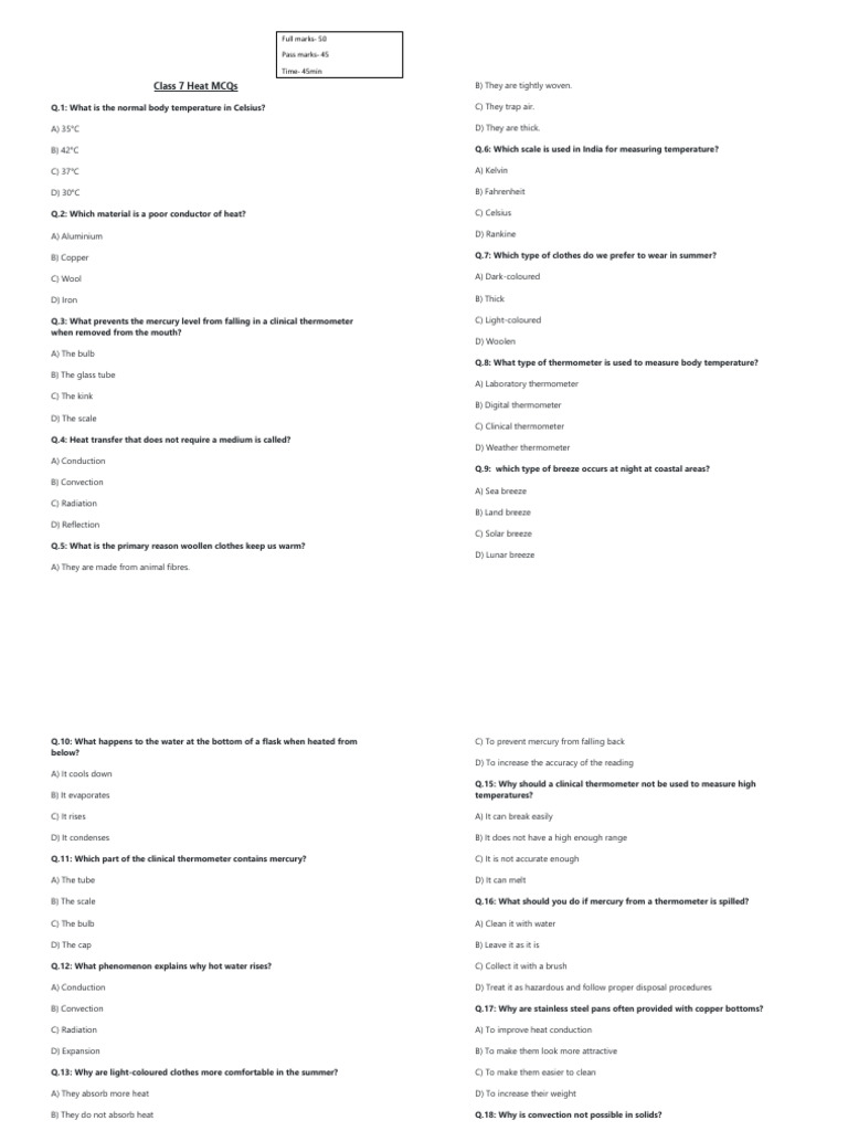 Class 7 Heat MCQs-1 | PDF | Heat Transfer | Thermometer