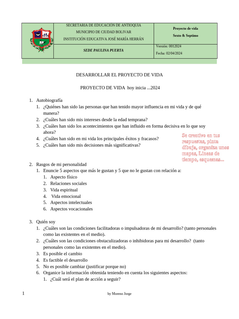 Proyecto de Vida Sexto Septimo | PDF